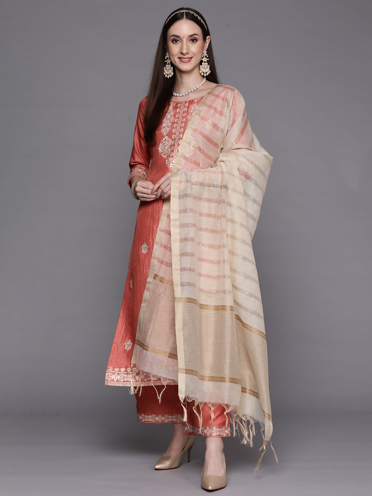Indo Era Rust Foil Printed Straight Kurta Palazzo With Dupatta Set ...